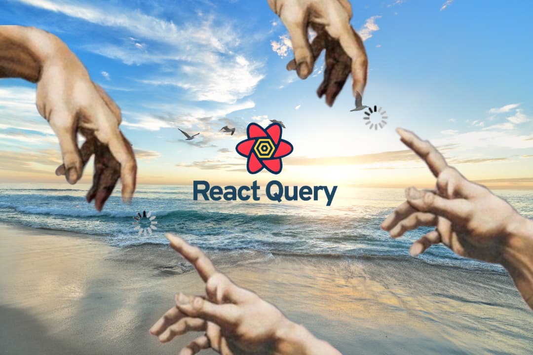 The react query logo with a beach behind it. On the sides, there are ...